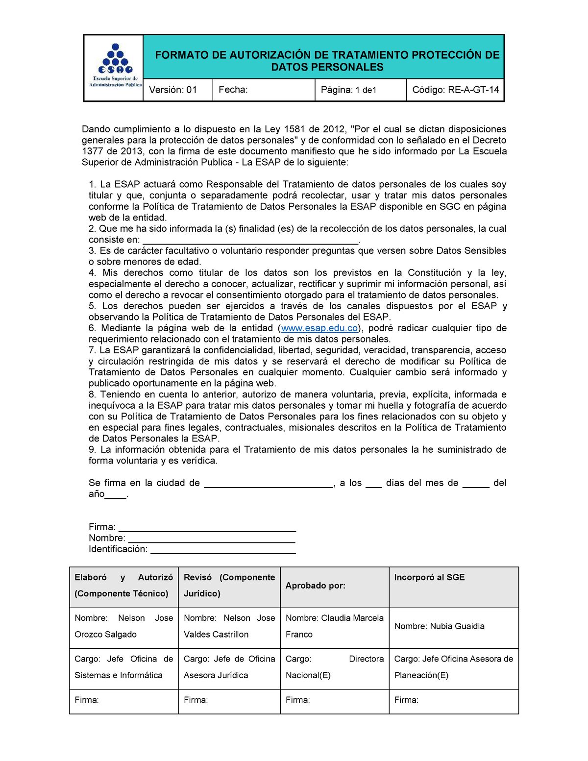 Formato De Autorización De Tratamiento Protección De Datos Personales