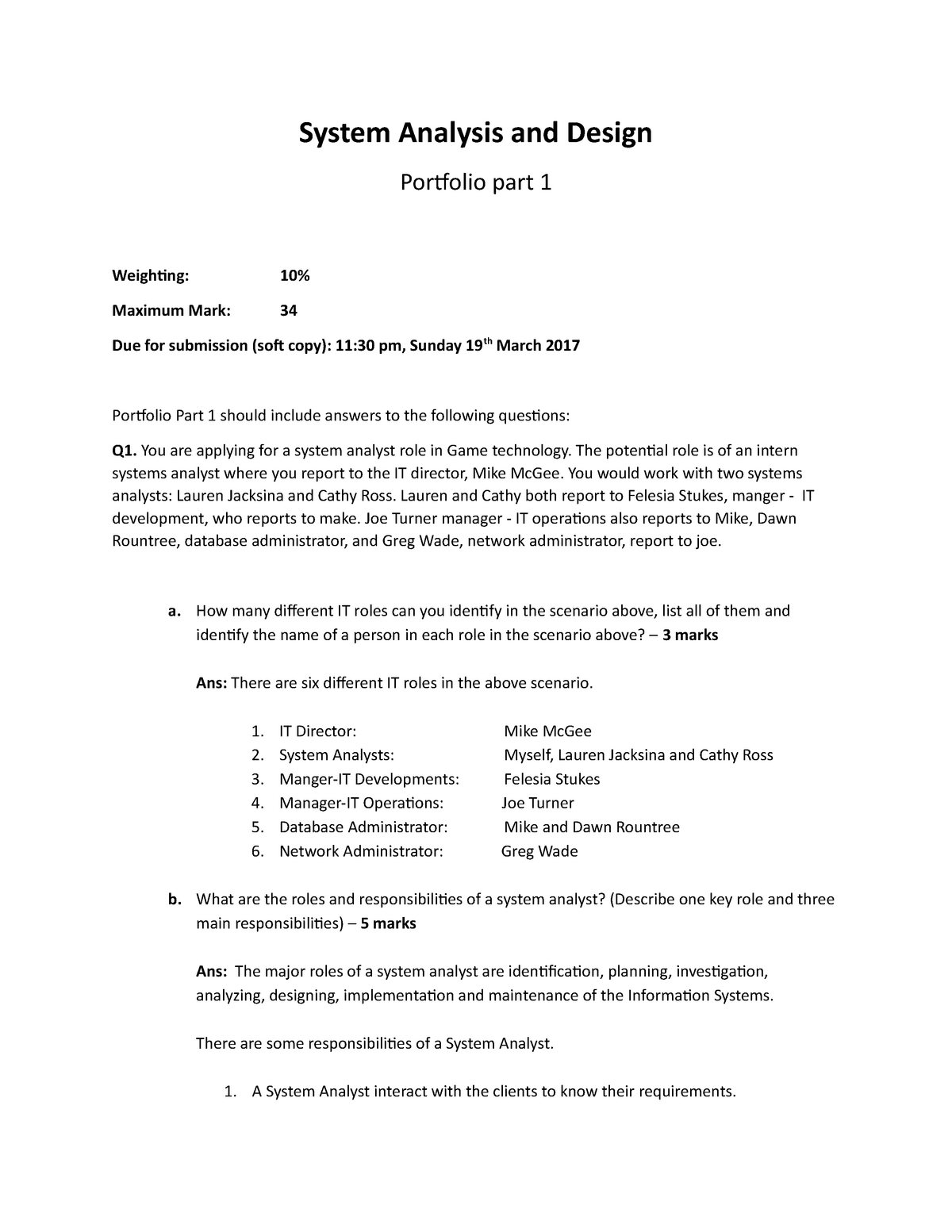 System Analysis And Design Portfolio Part 1 System Analysis And