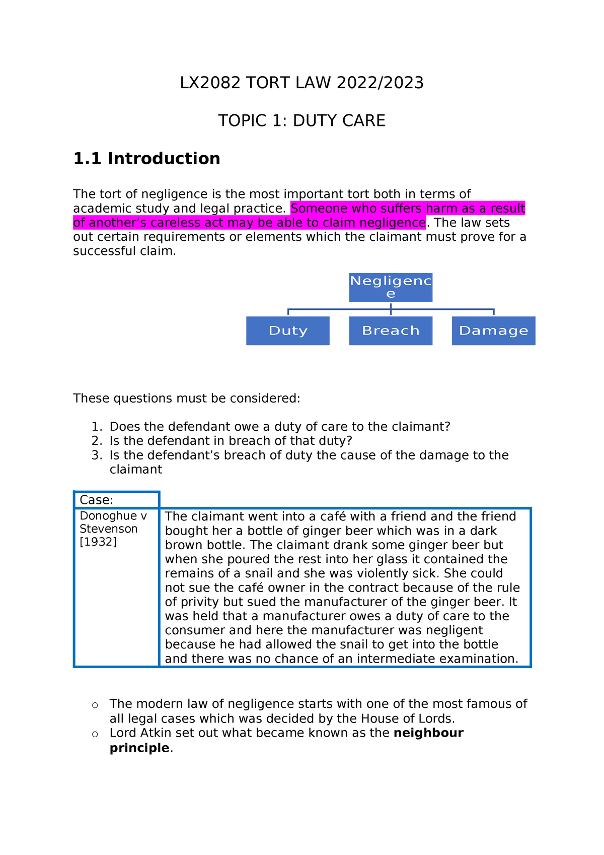 Tort Law Exam Notes Lx2082 Tort Law 2022 Topic 1 Duty Care 1