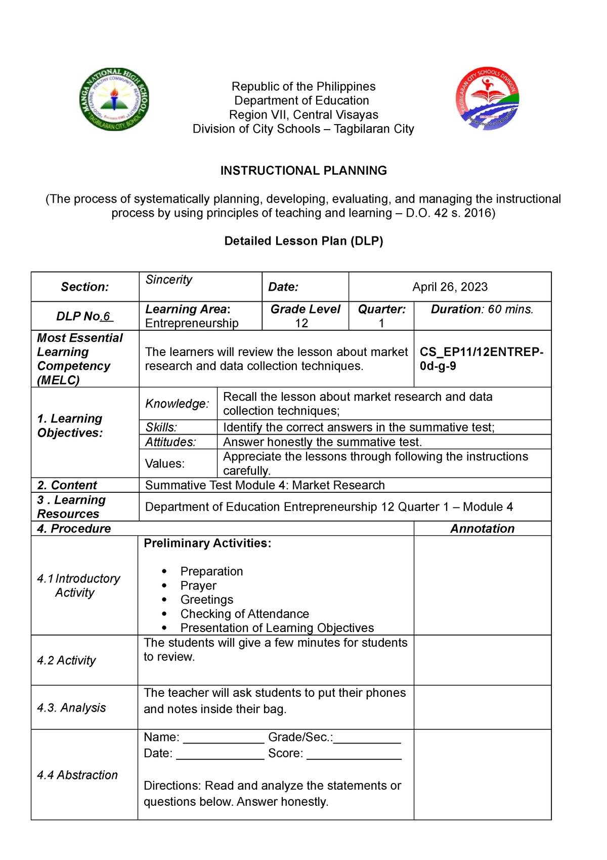 Lesson Plan 6 Summative Test Module 4 1 Republic Of The Philippines