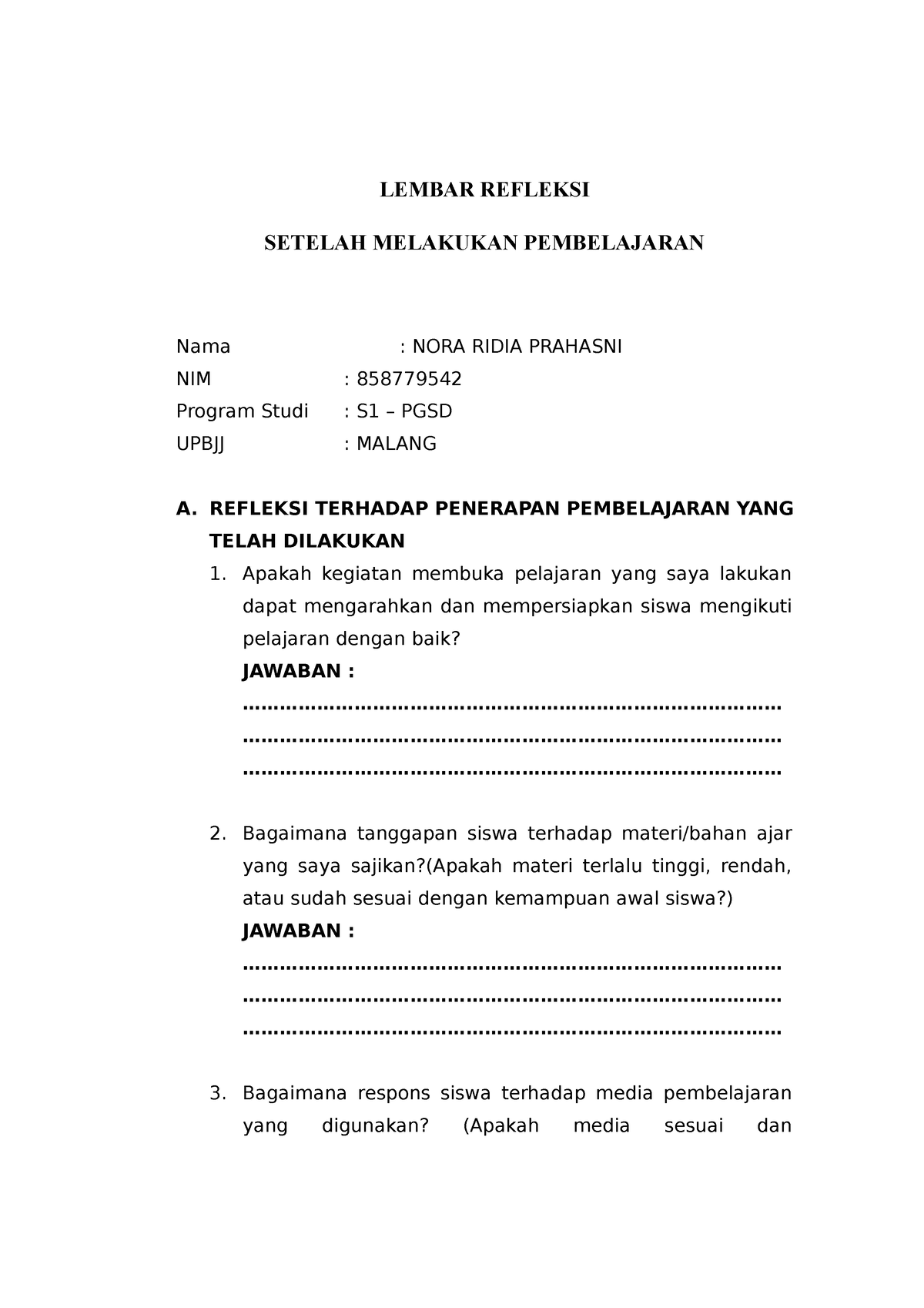 Lembar Refleksi Lembar Refleksi Setelah Melakukan Pembelajaran Nama