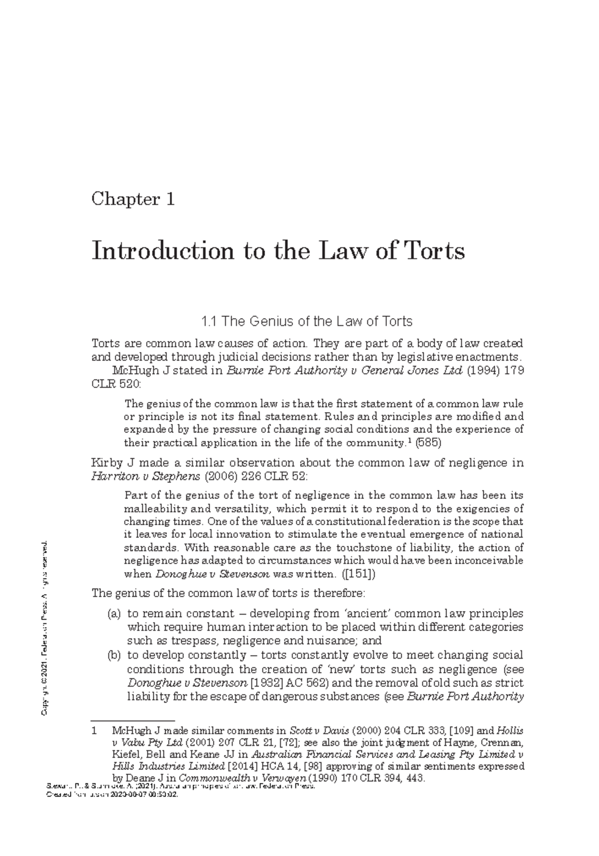 Australian Principles Of Tort Law Chapter 1 Introduction To The Law