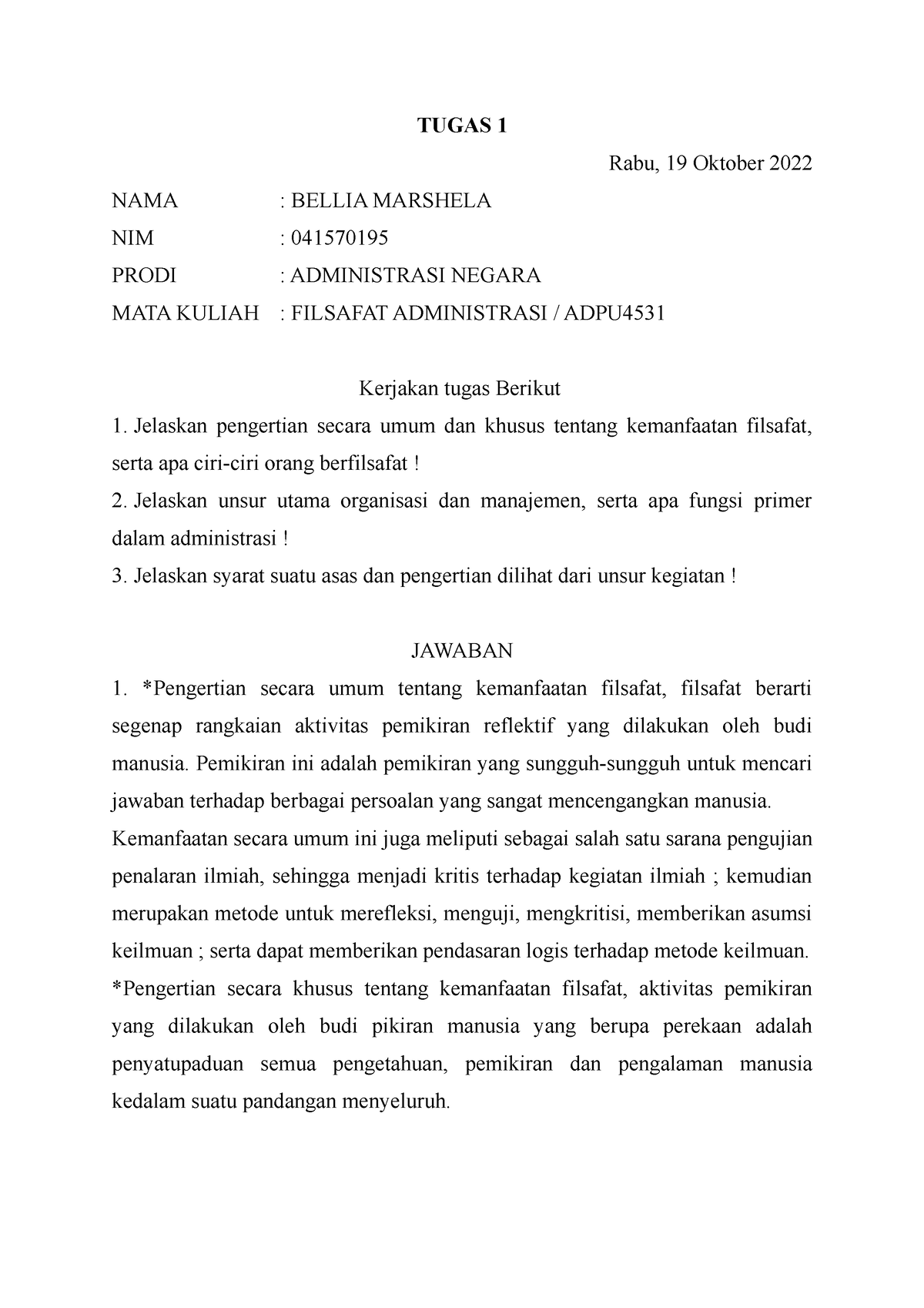 Filsafat Administrasi Tugas 1 Tugas 1 Rabu 19 Oktober 2022 Nama