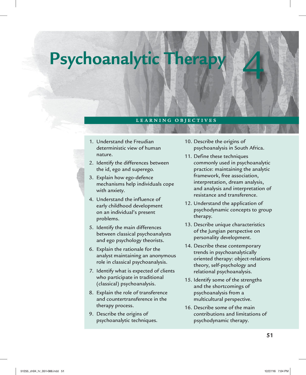 Chapter 4 Psychoanalytic Therapy 51 4 Psychoanalytic Therapy L E A R