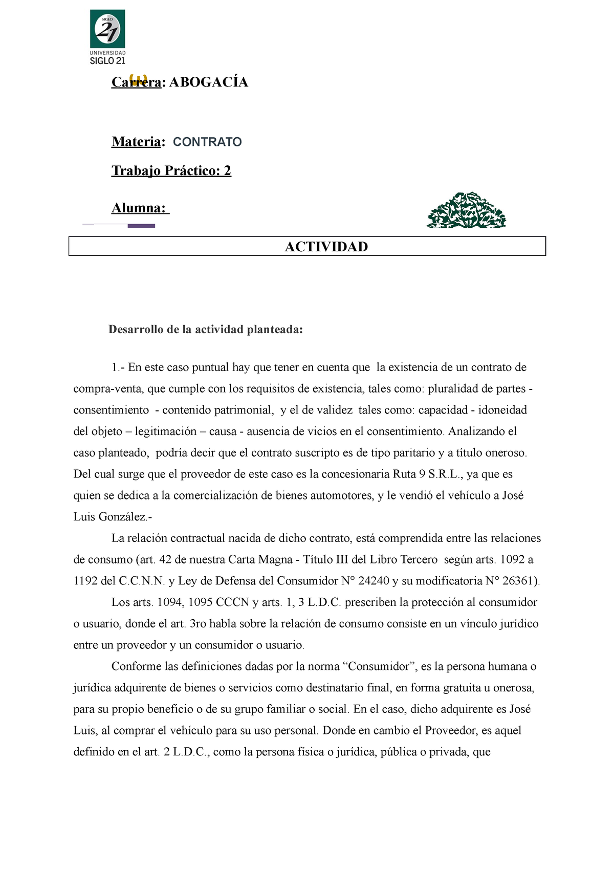 Tp 2 Contratos Tp2 Contrato Siglo 21 3 Carrera AbogacÍa