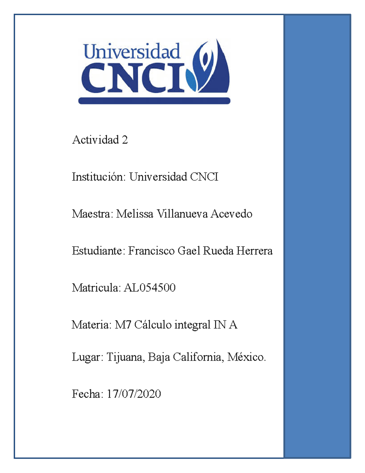 Actividad 2 Calculo Diferencial Universidad Cnci Cálculo Integral