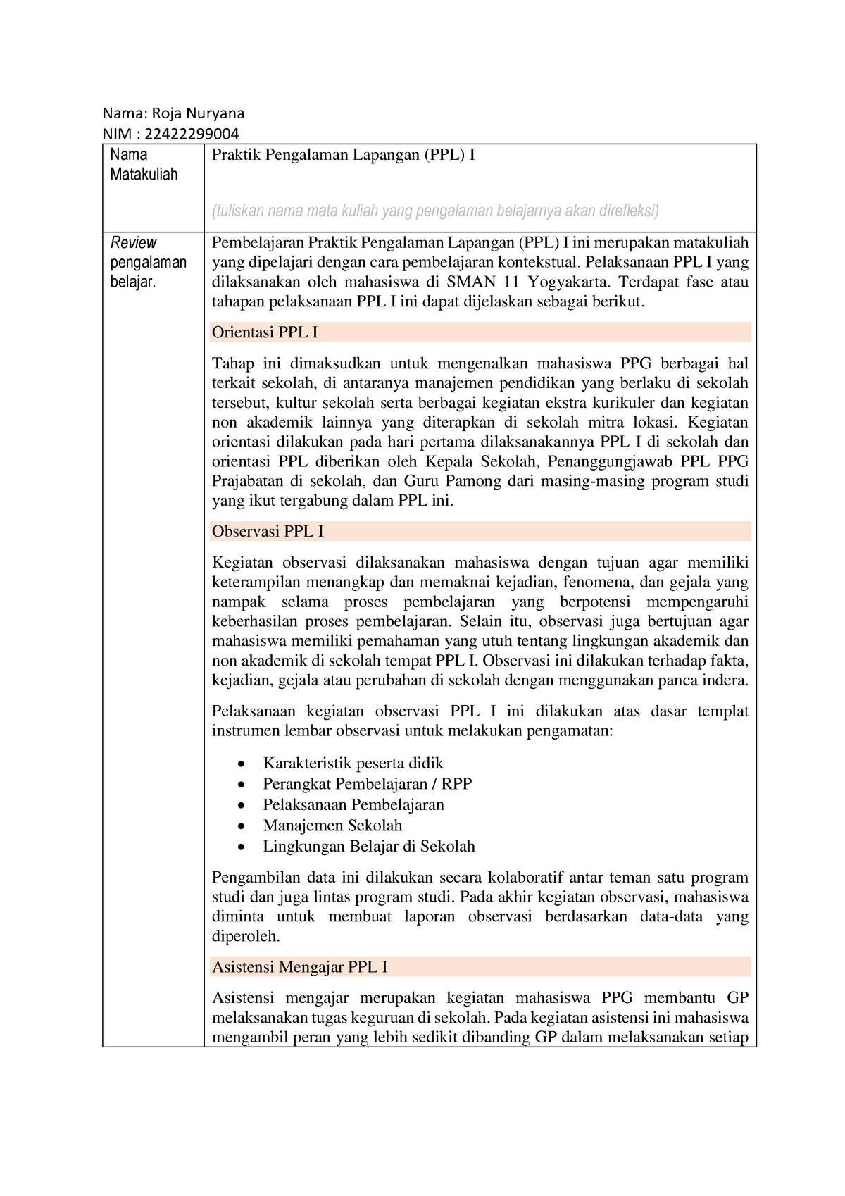 Jurnal Refleksi Ppl1 Nama Roja Nuryana Nim 22422299004 Nama