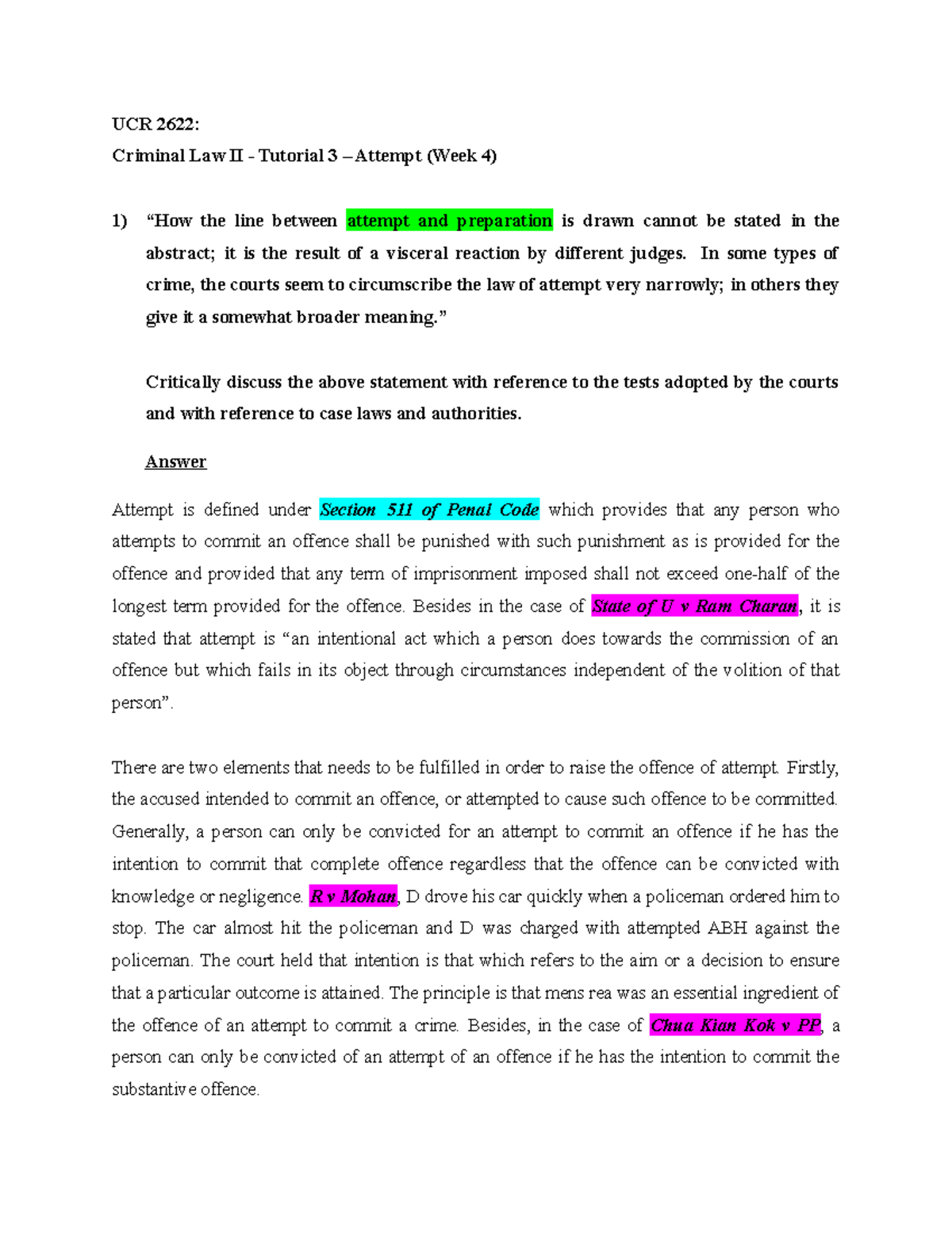 Tutorial 3 Complete Ucr 2622 Criminal Law Ii Tutorial 3 Attempt