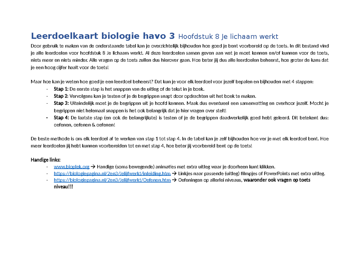 Leerdoelkaart Havo 3 Biologie Hoofdstuk 8 Je Lichaam Werkt