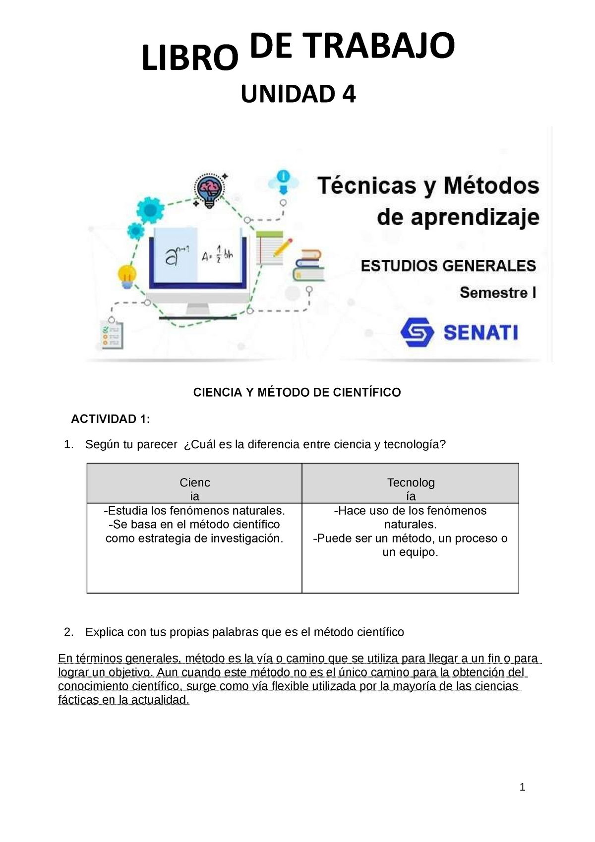 Tecnicas Y Metodos De Aprendizaje Libro De Trabajo Unidad 4 Ciencia Y