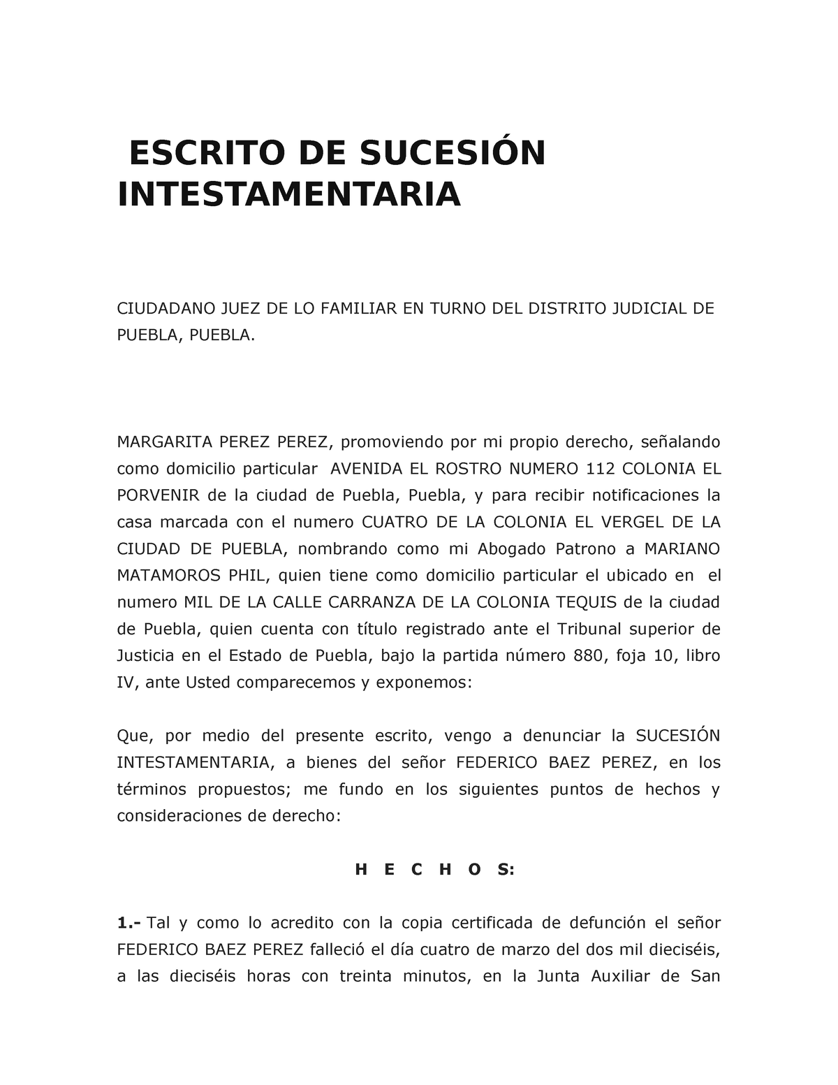 Ejemplo De Escrito De Sucesión Intestamentaria Escrito De SucesiÓn