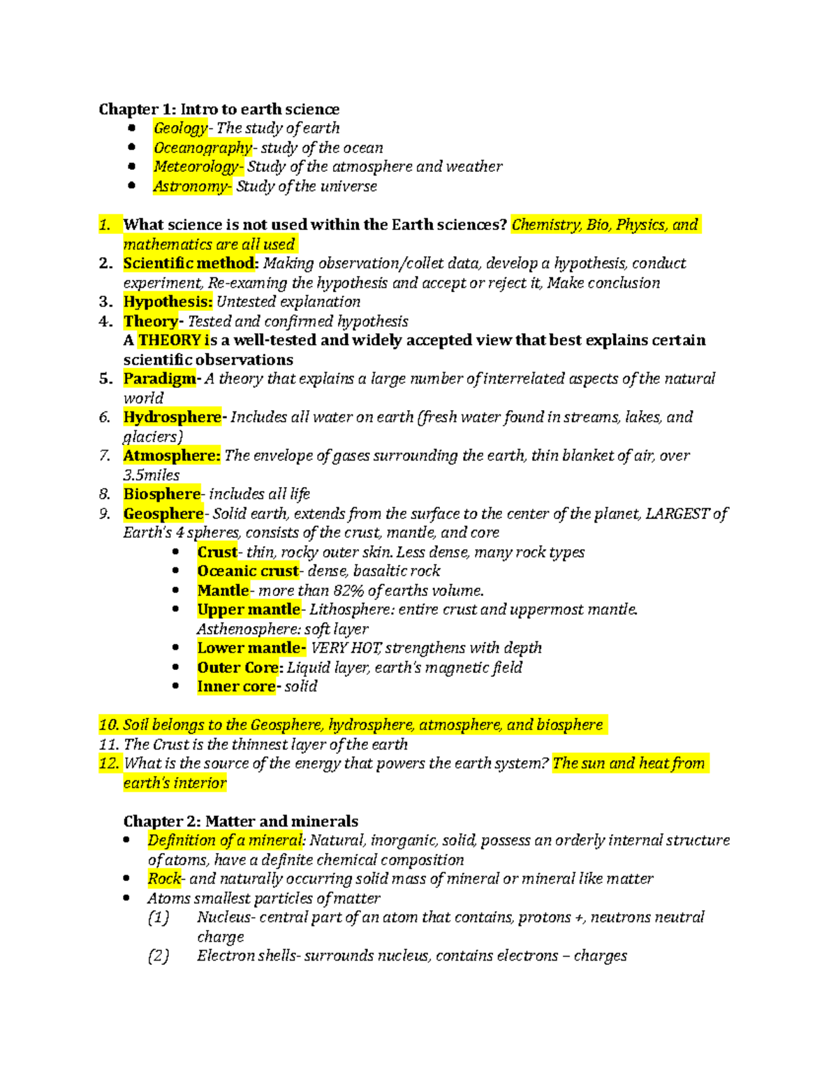 Exam 1 Study Guide Chapter 1 Intro To Earth Science Geology The