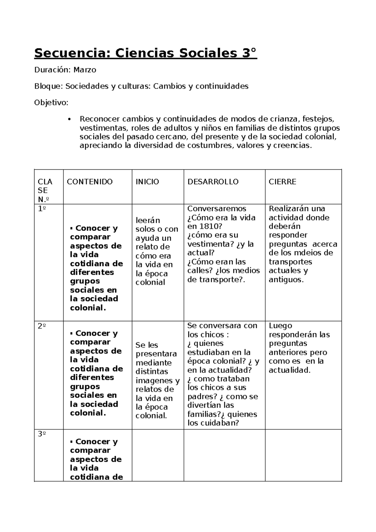 Secuencia Didáctica Sociales 3° Marzo Secuencia Ciencias Sociales 3