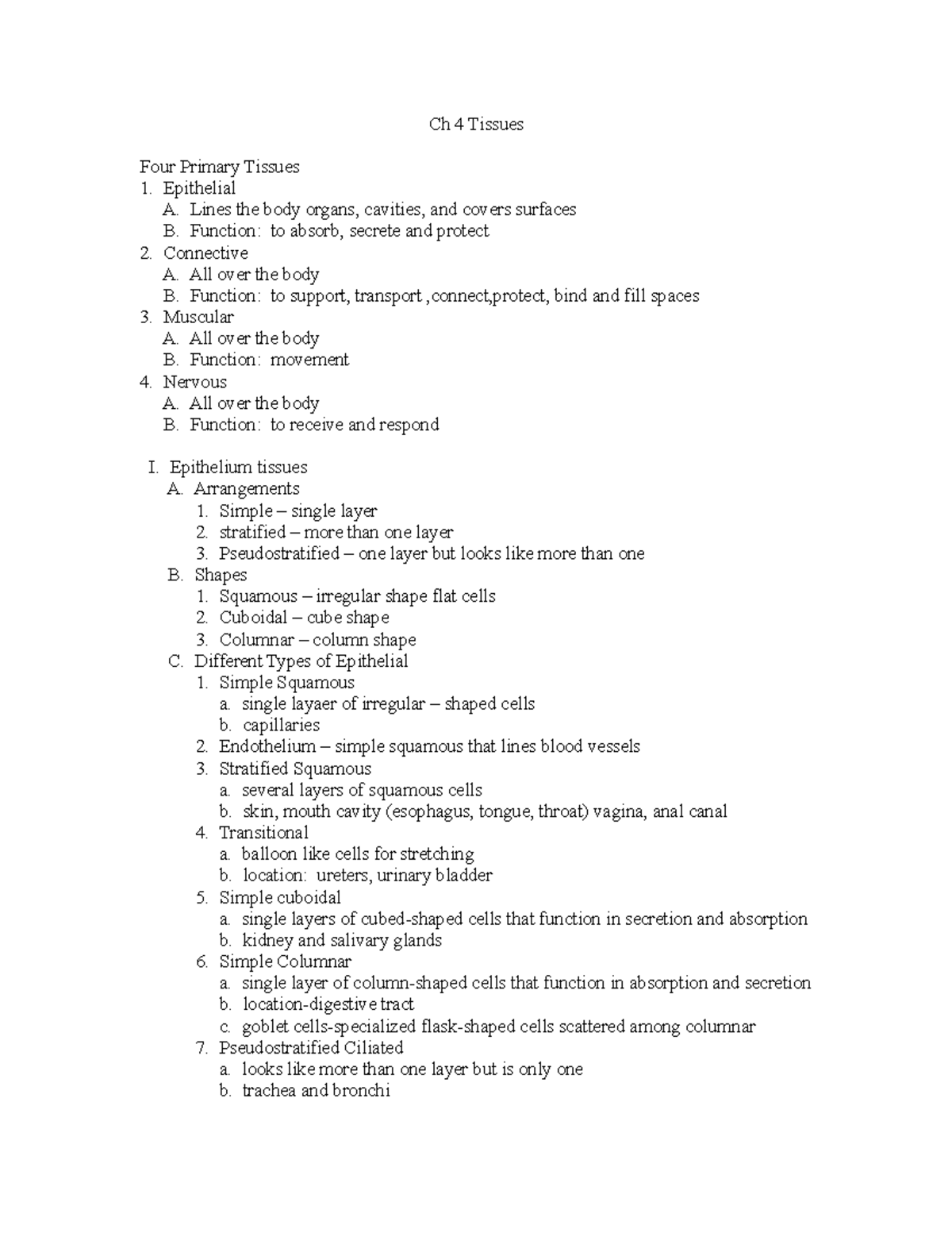 Human Biology Chapter 4 Tissues Notes Ch 4 Tissues Four Primary