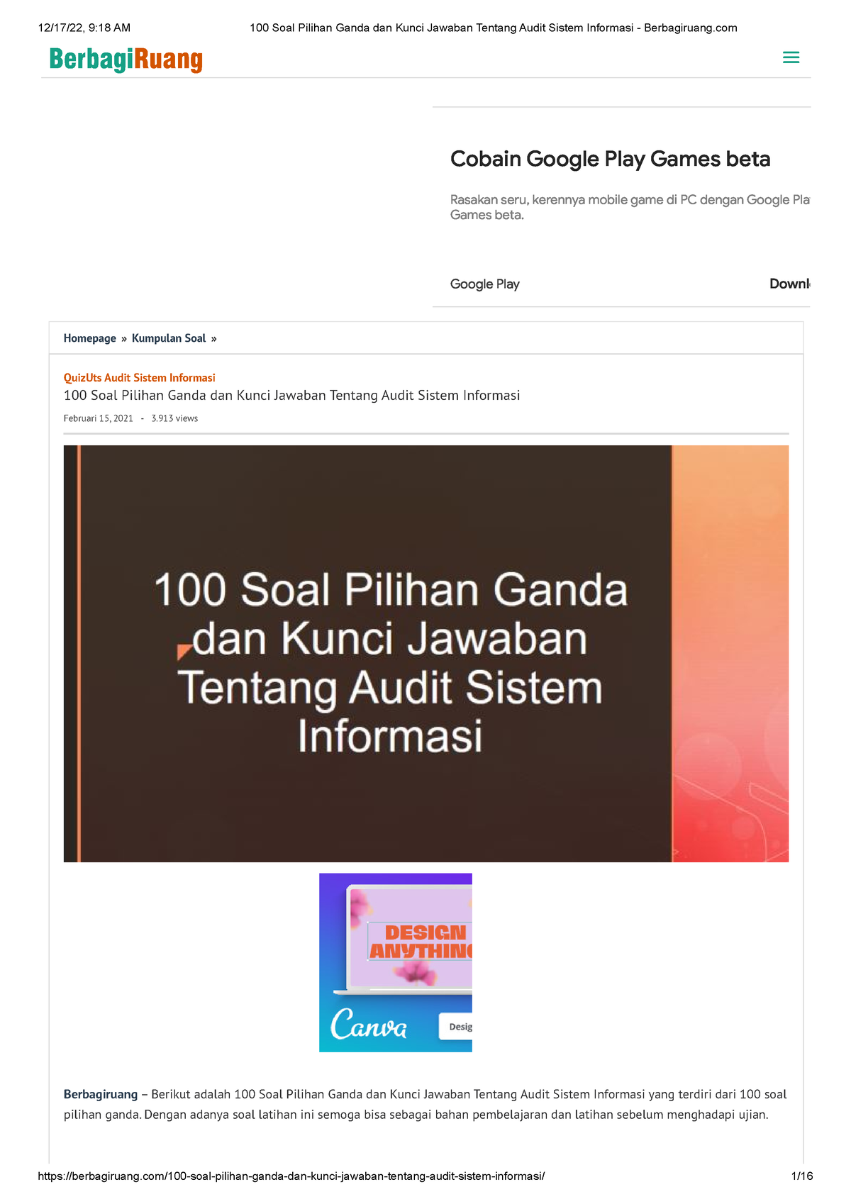 100 Soal Pilihan Ganda Dan Kunci Jawaban Tentang Audit Sistem Informasi