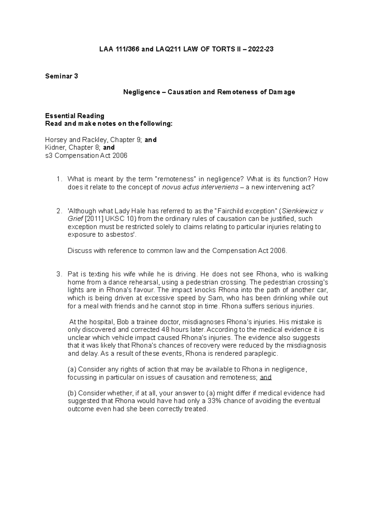 Topic 3 Seminar Sheet Causation And Remoteness Laa 111366 And Laq211