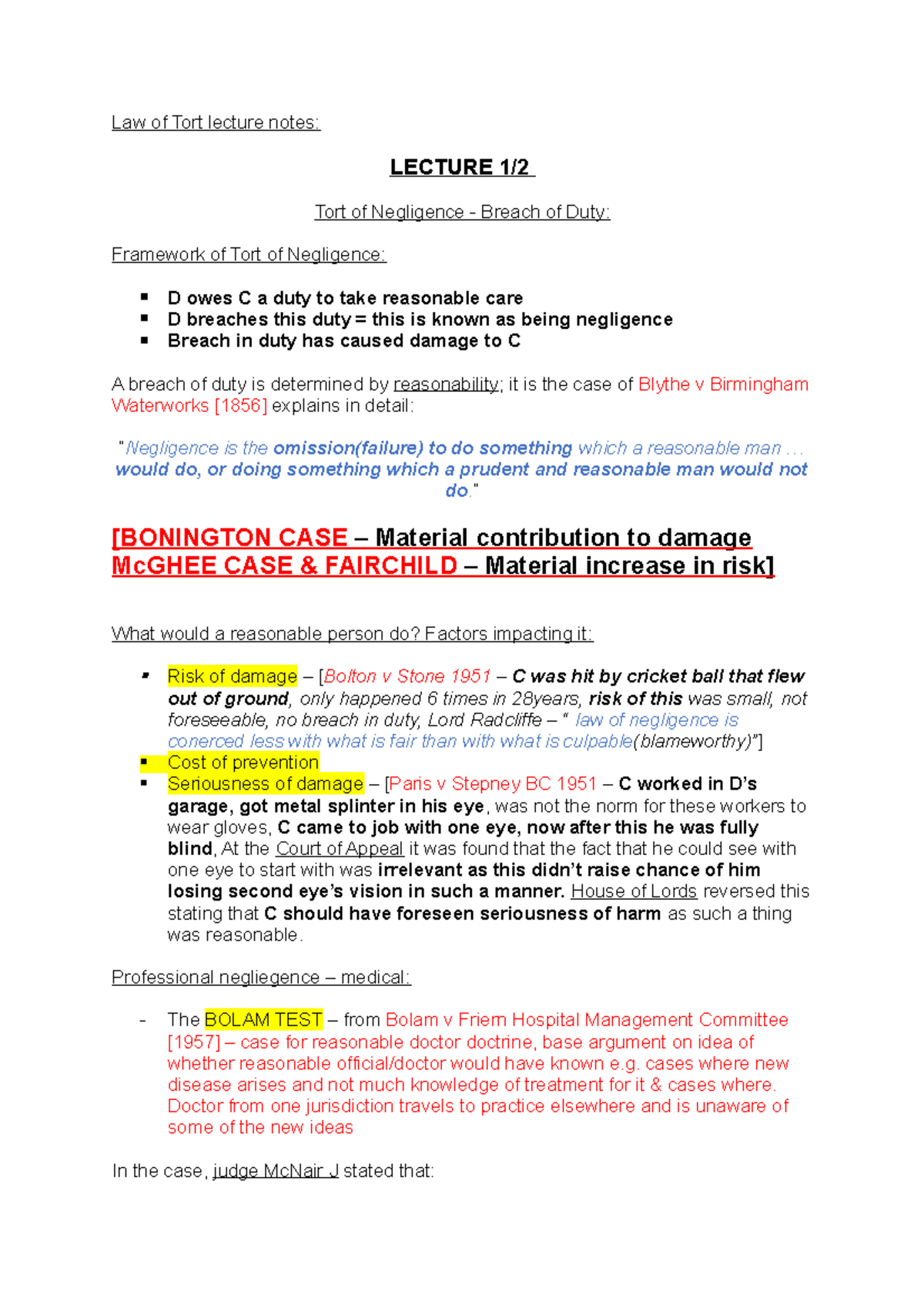 Law Of Tort Lecture Notes Law Of Tort Lecture Notes Lecture 1 Tort