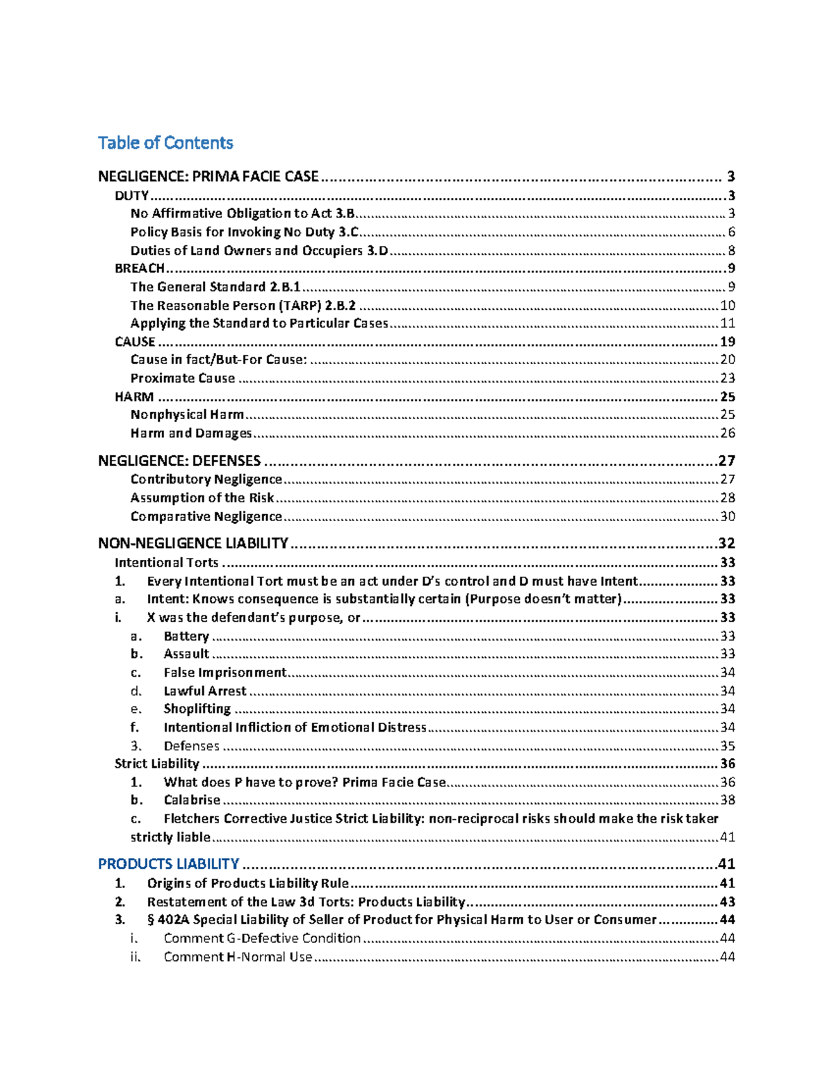 My Torts Outline Lecture Notes All Table Of Contents Negligence