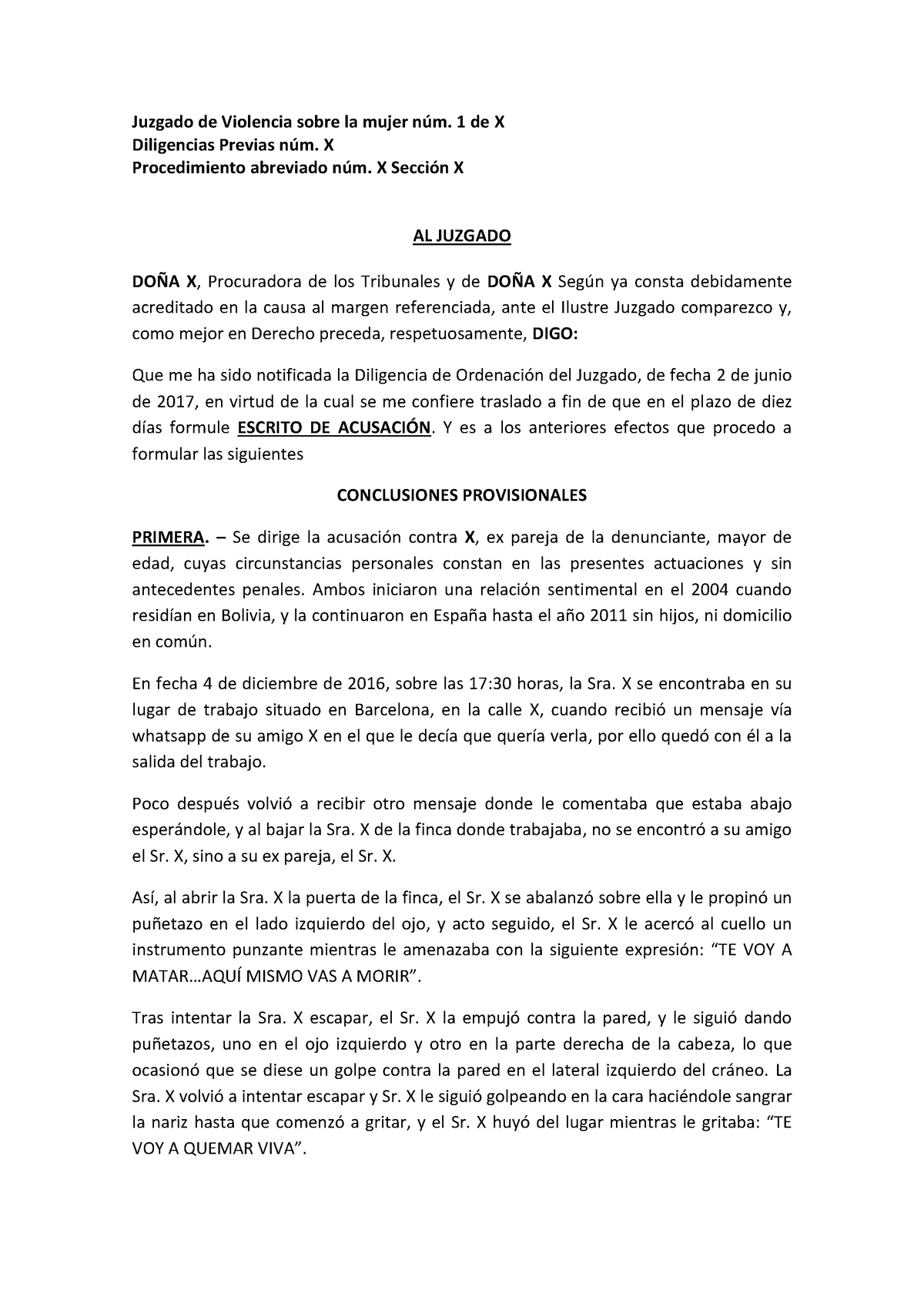 Modelo Escrito De Acusacion Violencia De Genero Juzgado De Violencia