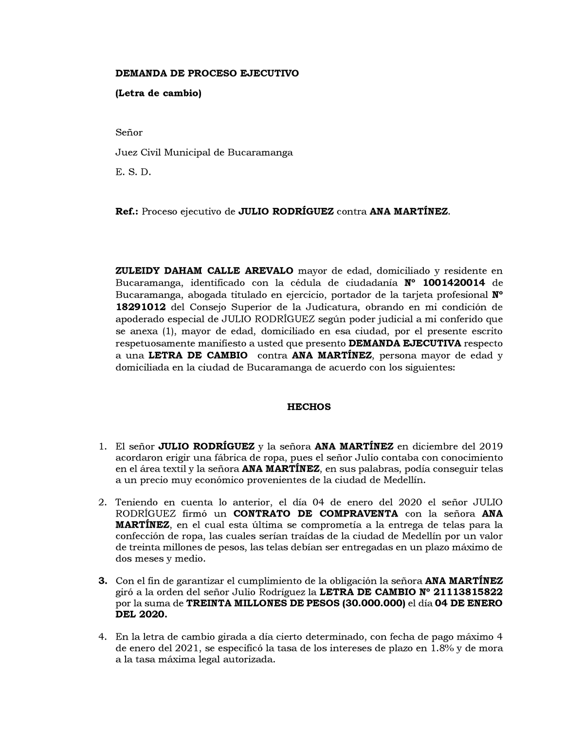 Demanda De Proceso Ejecutivo Letra De Cambio Demanda De Proceso