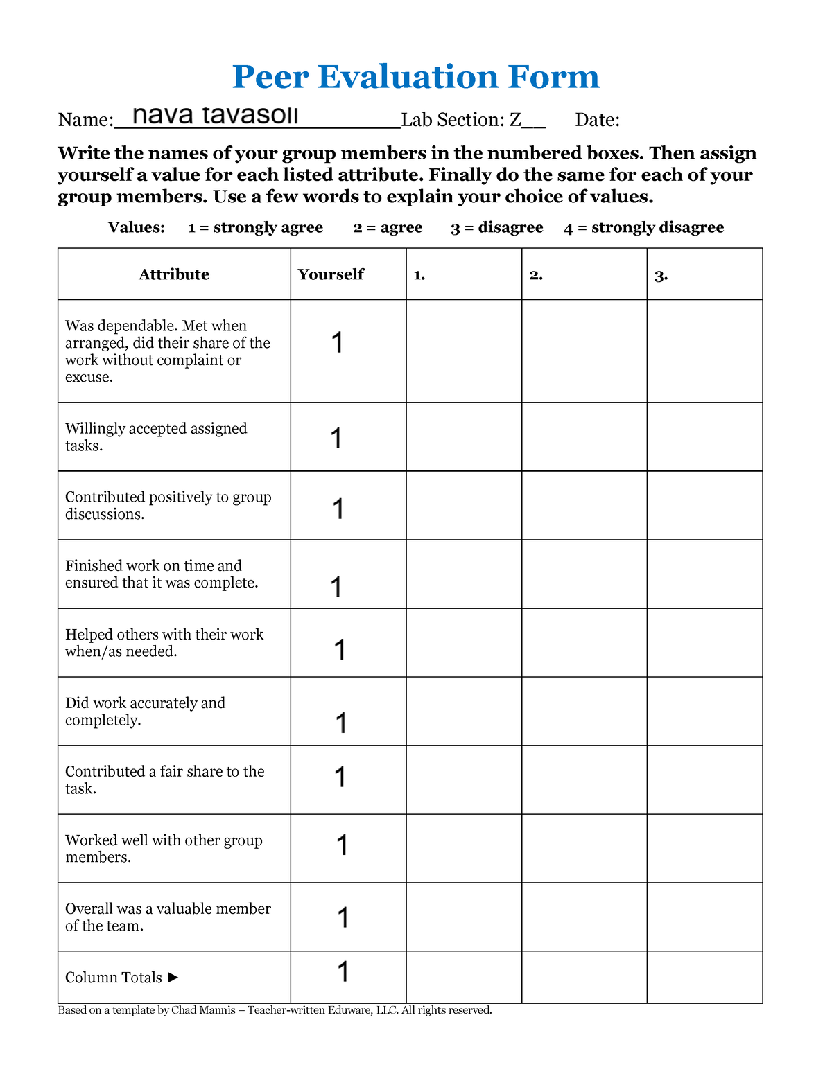 Ibrahim Suad Peer Evaluation Form Peer Evaluation Form Name Lab