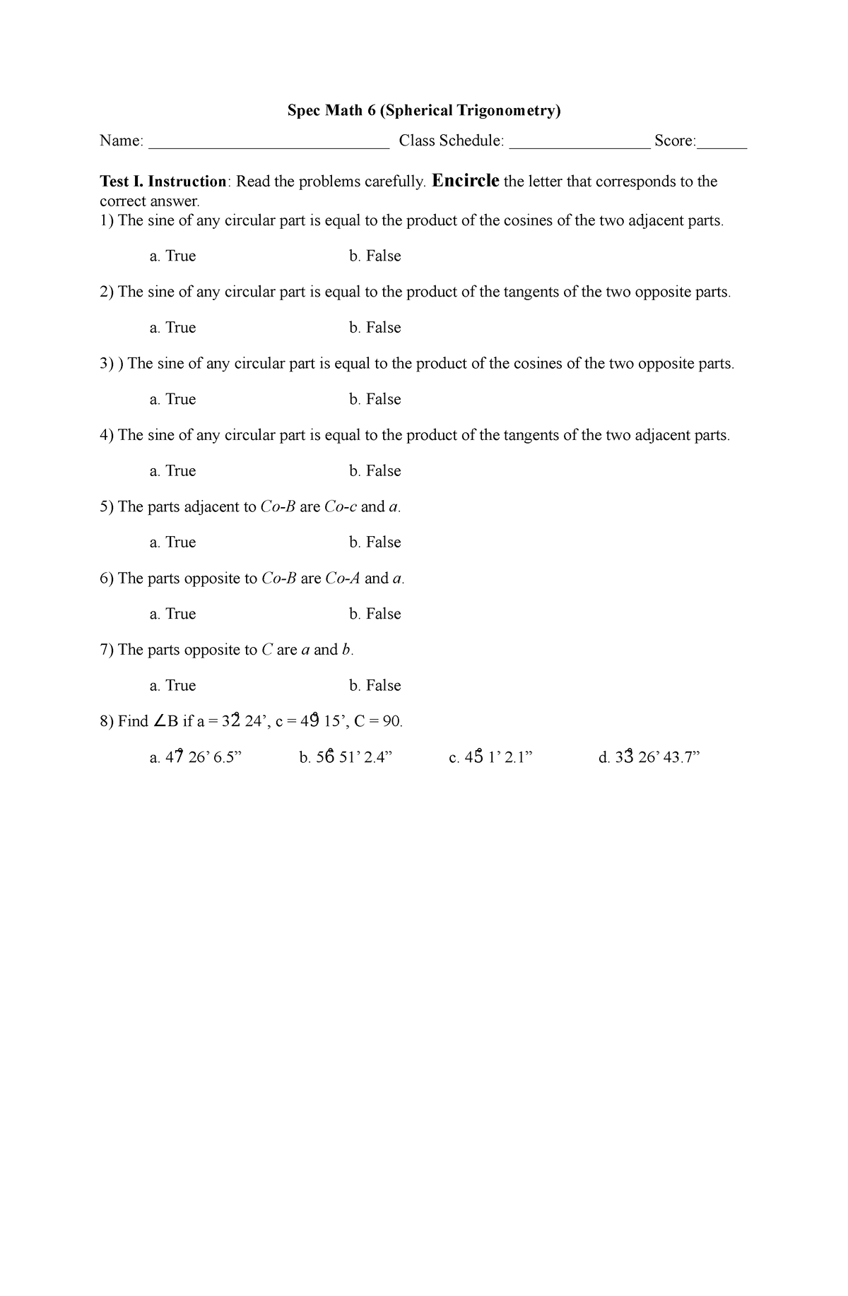 Spec 6 Final A Multiple Choice Exam About Plane And Spherical