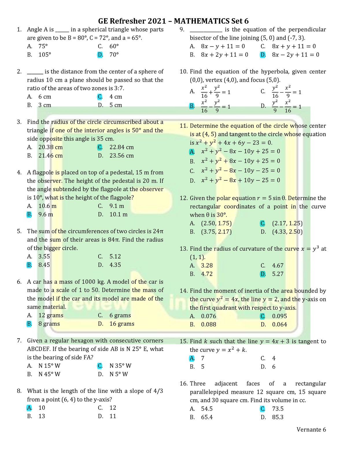 Math 10 Practical Test For Analytic Geometry And Trigonometry Plane