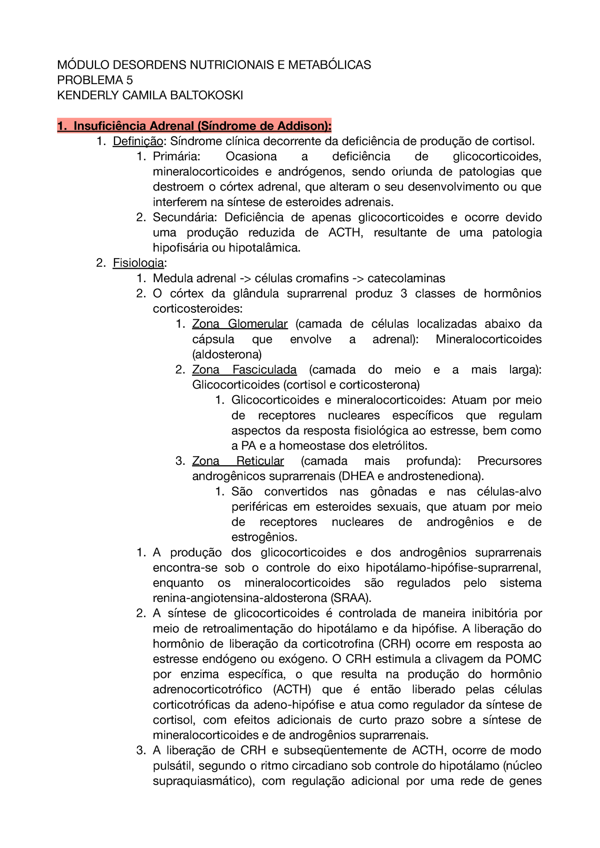 Insuficiência Adrenal MÓdulo Desordens Nutricionais E MetabÓlicas