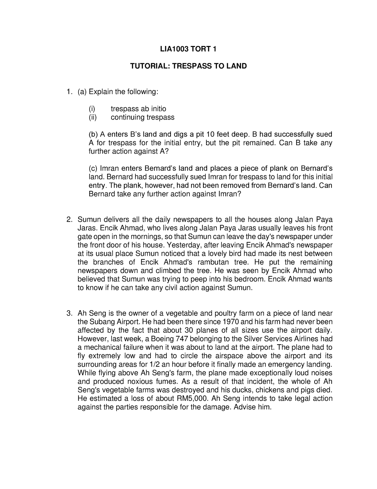 Tutorial Trespass Land Lia1003 Tort 1 Tutorial Trespass To Land A