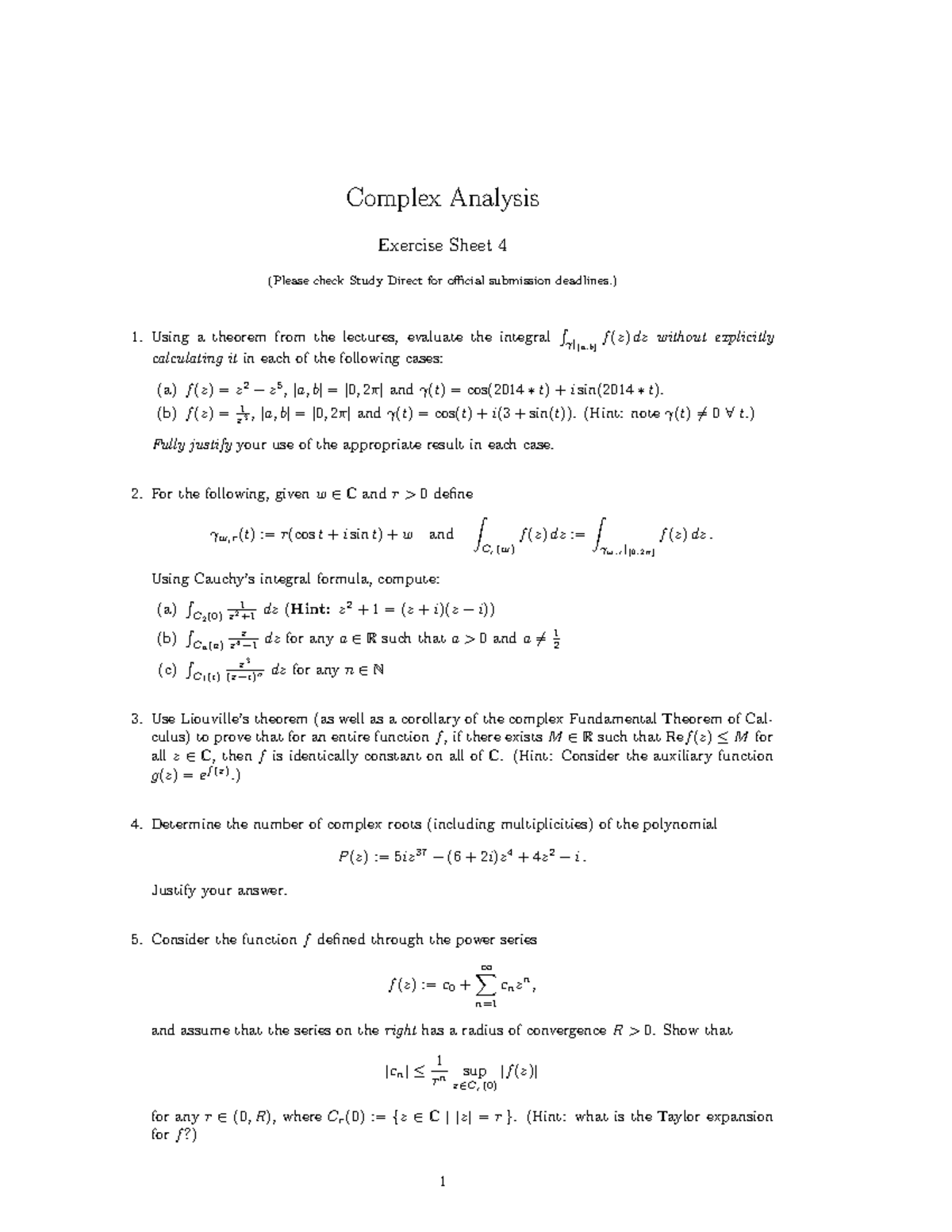 Complex Analysis Worksheet 4 2016 Complex Analysis Exercise Sheet 4