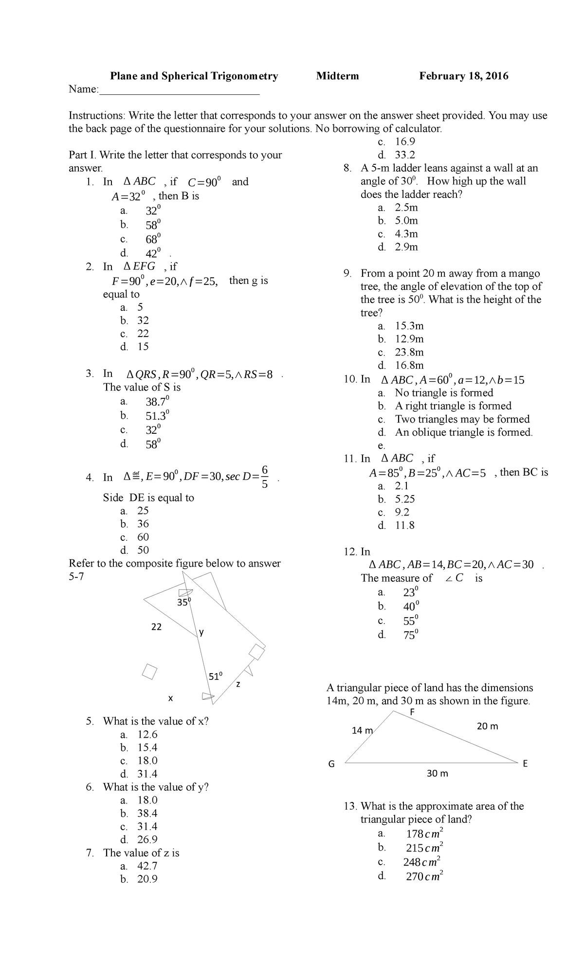 Pst Midterm Plane And Spherical Trigonometry Plane And Spherical