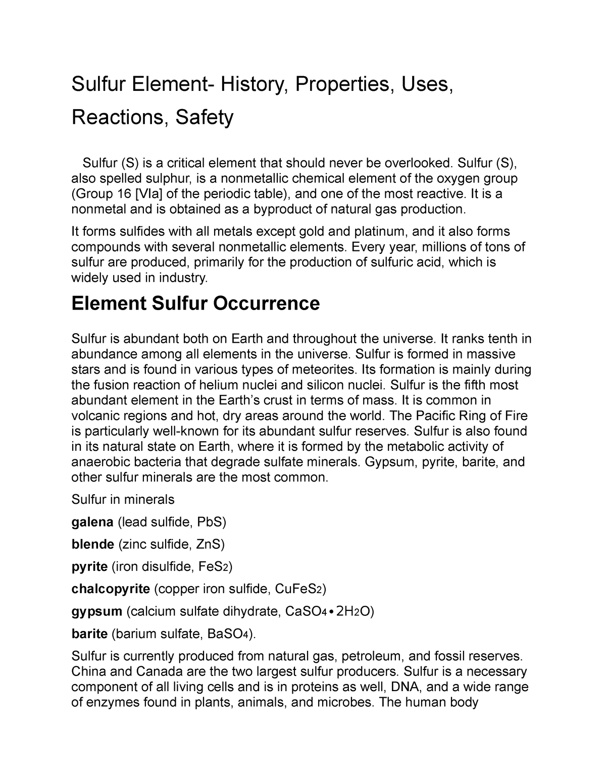 Sulfur Element History Properties Uses Reactions Safety Sulfur