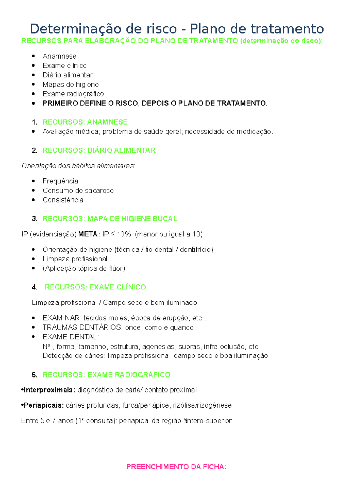 Plano De Tratamento Odontopediatria Determinação De Risco Plano De