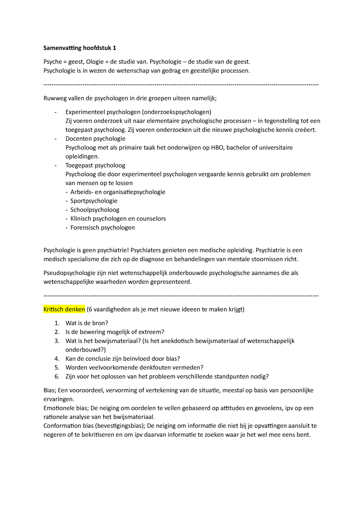 Samenvatting H1 Psychologie Een Inleiding Samenvatting Hoofdstuk 1