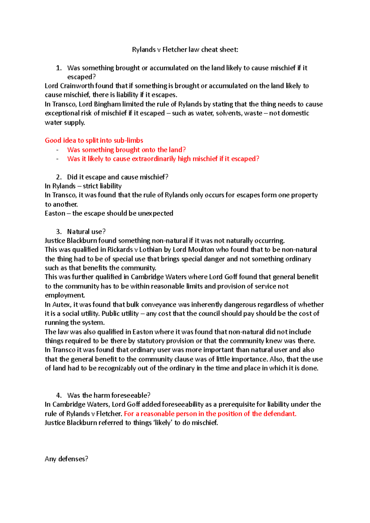 Rylands V Fletcher Law Cheat Sheet In Transco Lord Bingham Limited