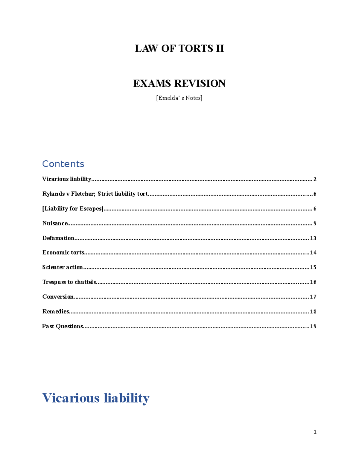 Law Of Torts Ii Summary For Exams Law Of Torts Ii Exams Revision