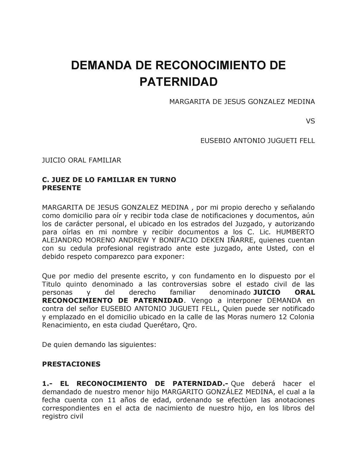 Demanda De Reconocimiento De Paternidad Demanda De Reconocimiento De