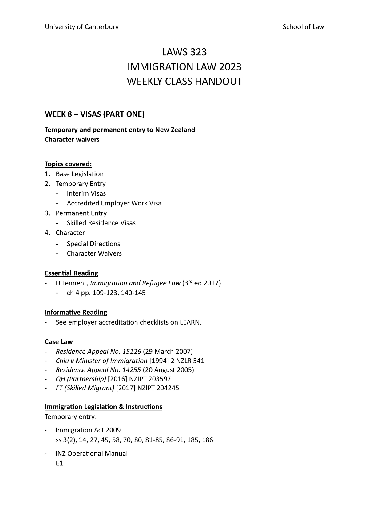 Handout Wk8 2023 University Of Canterbury School Of Law Laws 323