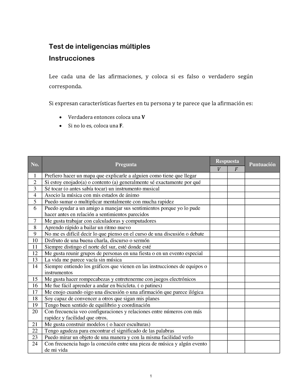 Test De Inteligencias Múltiples 1 Corresponda Si Expresan