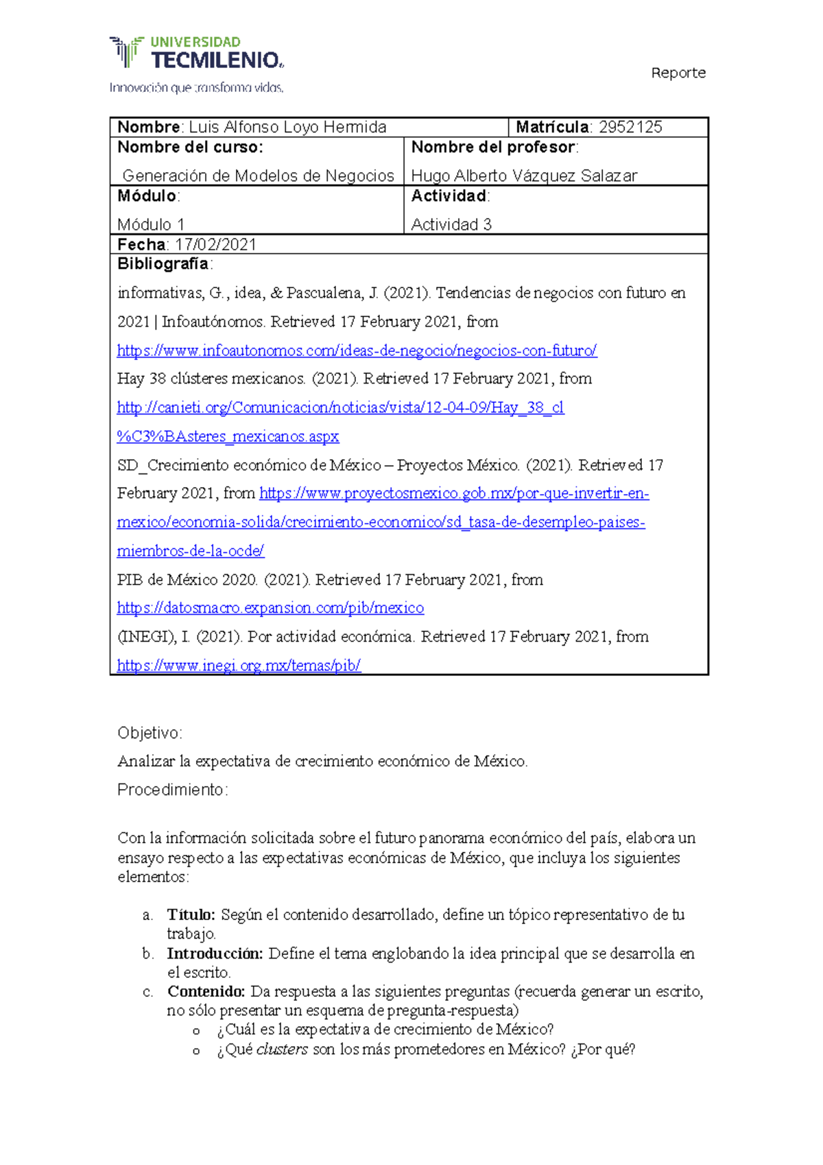 Negocios Act3 Nombre Luis Alfonso Loyo Hermida Matrícula 2952125