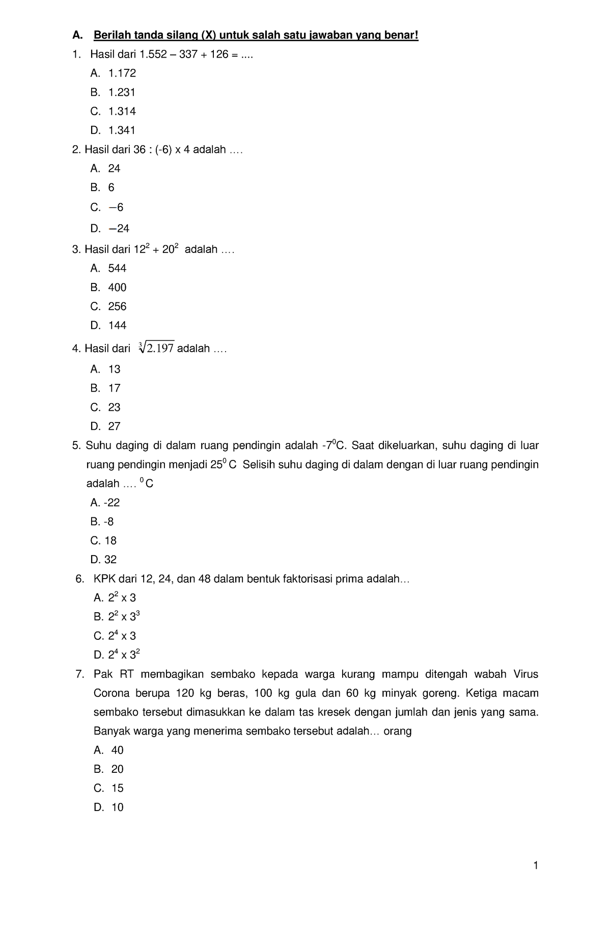 Latihan Soal Ujian Sekolah Matematika Ke A Berilah Tanda Silang X