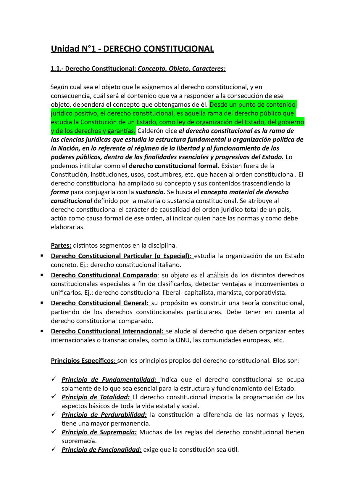 Resumen Parcial 1 Derecho Constitucional Unidad N°1 Derecho