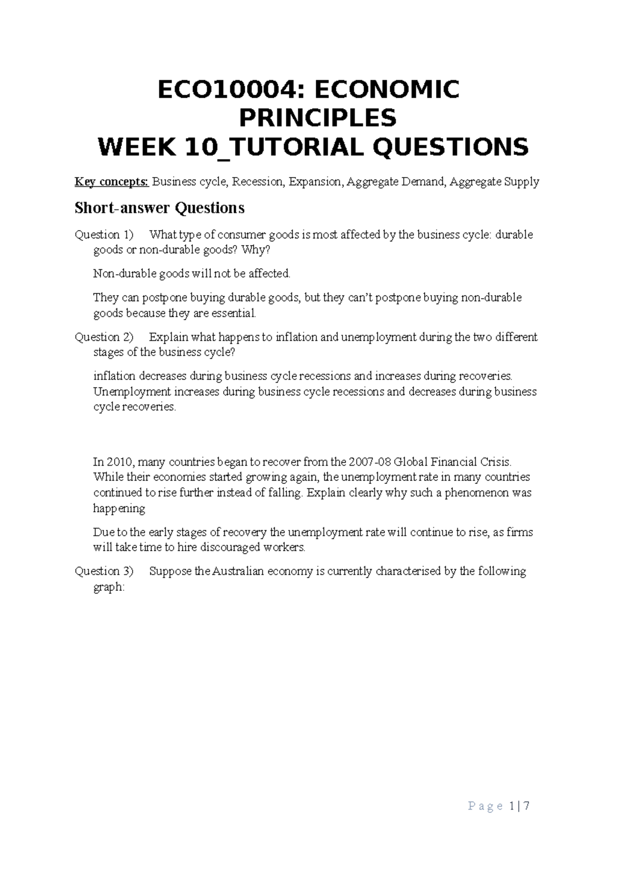 Week 10 Tutorial Questions Answered Eco10004 Economic Principles