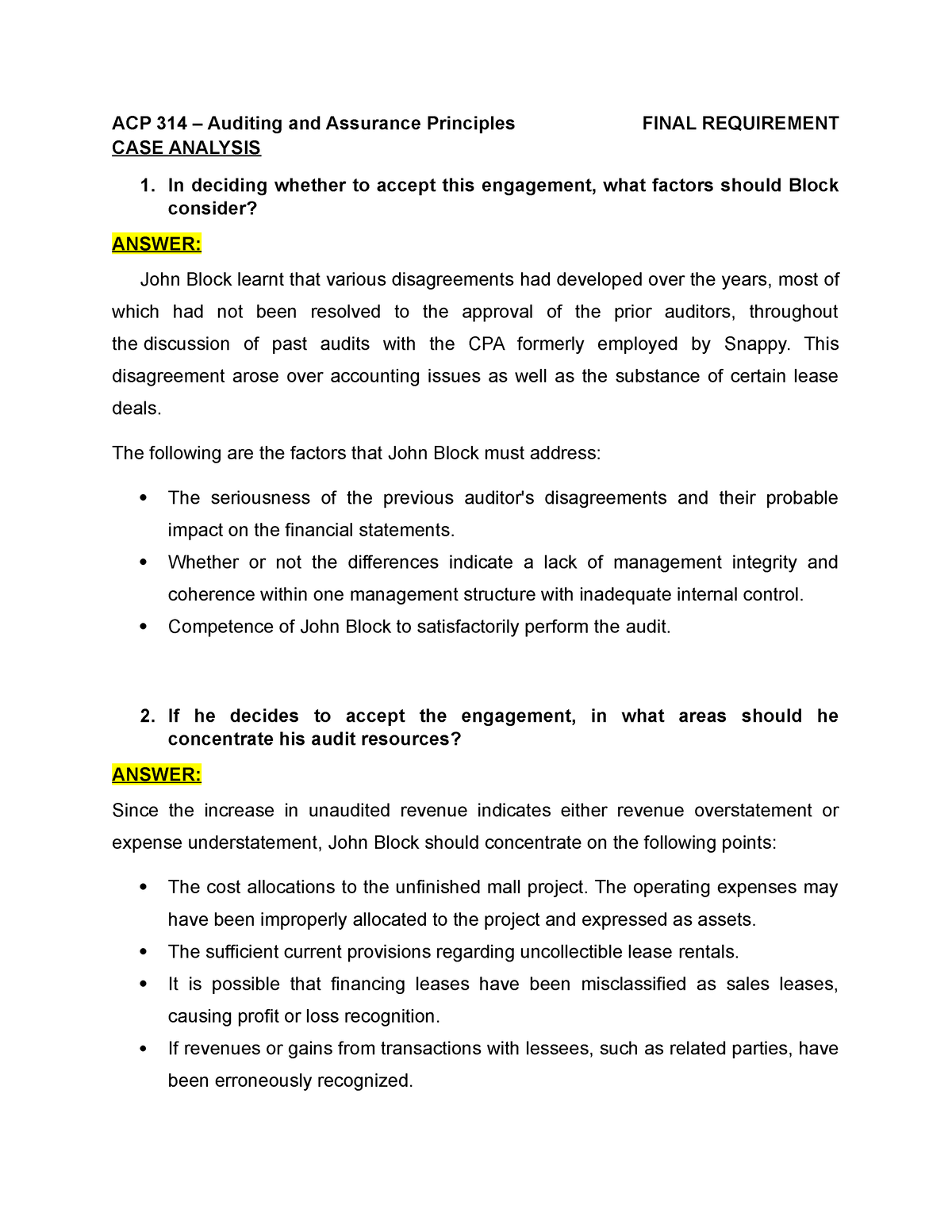 Auditing And Assurance Principles Case Analysis Acp 314 Auditing