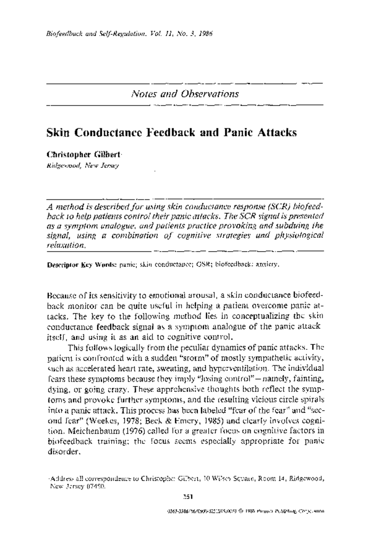 Skin Conductance Feedback And Panic Attack Biofeedback And Self