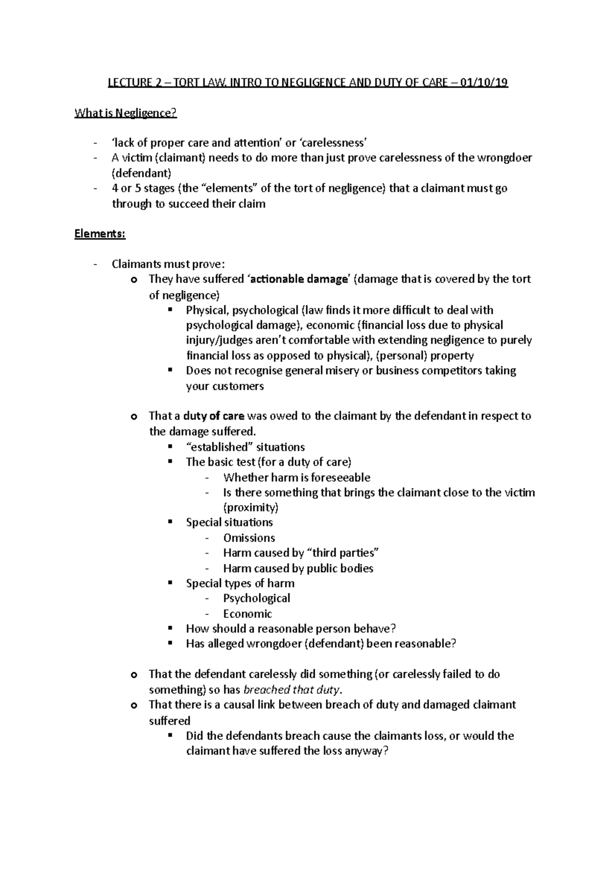 Tort Intro To Negligence Duty Of Care Lecture 2 Tort Law Intro