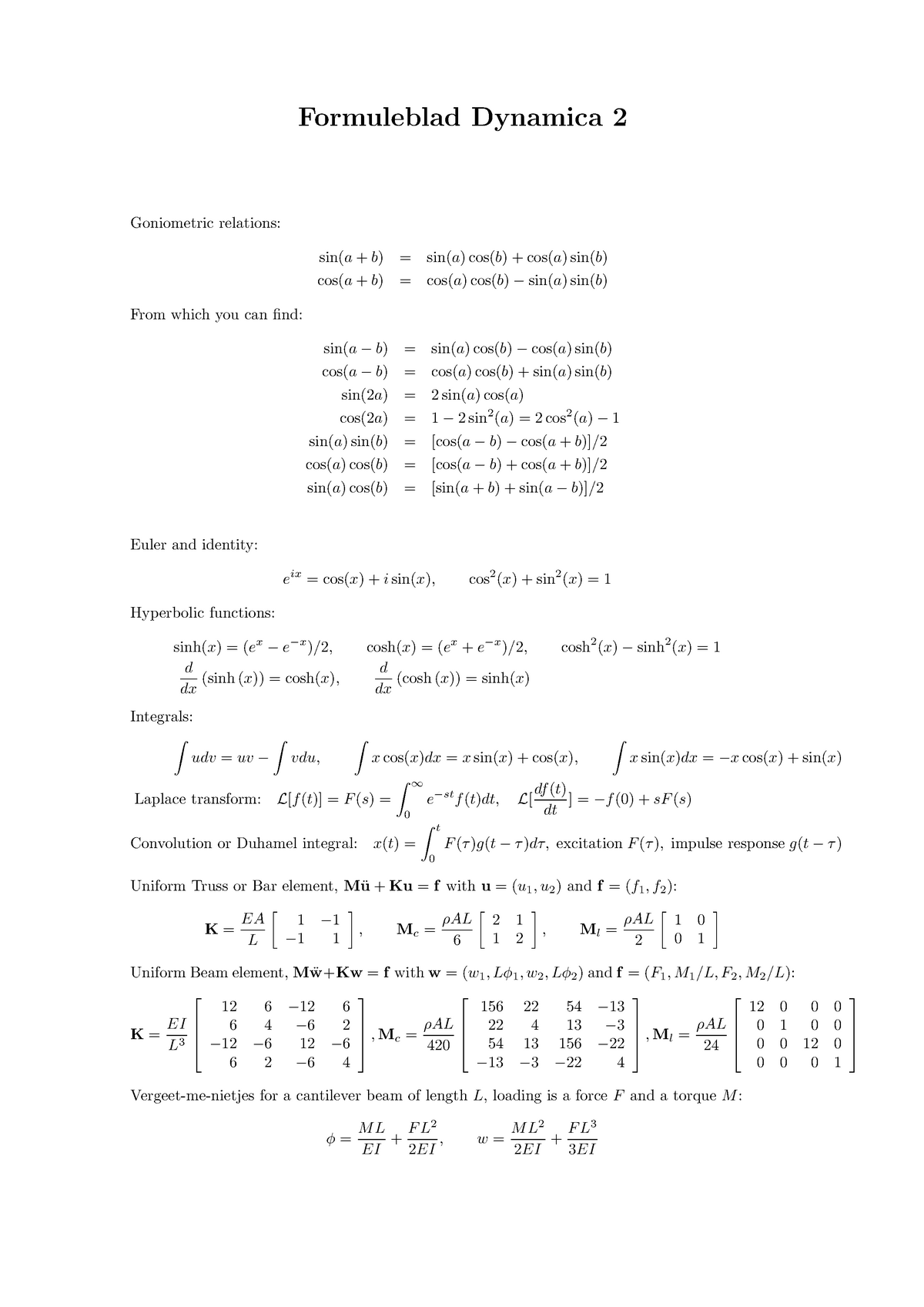 Formula Sheet For Dynamics 2 Formuleblad Dynamica 2 Goniometric