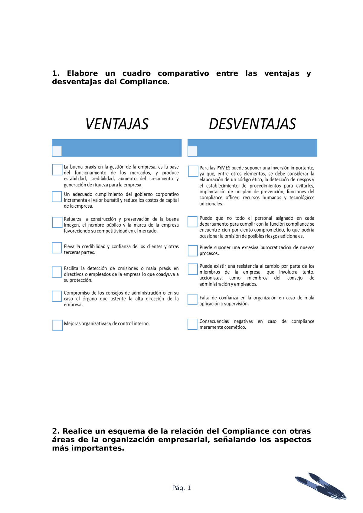 Compliance 1 Elabore Un Cuadro Comparativo Entre Las Ventajas Y