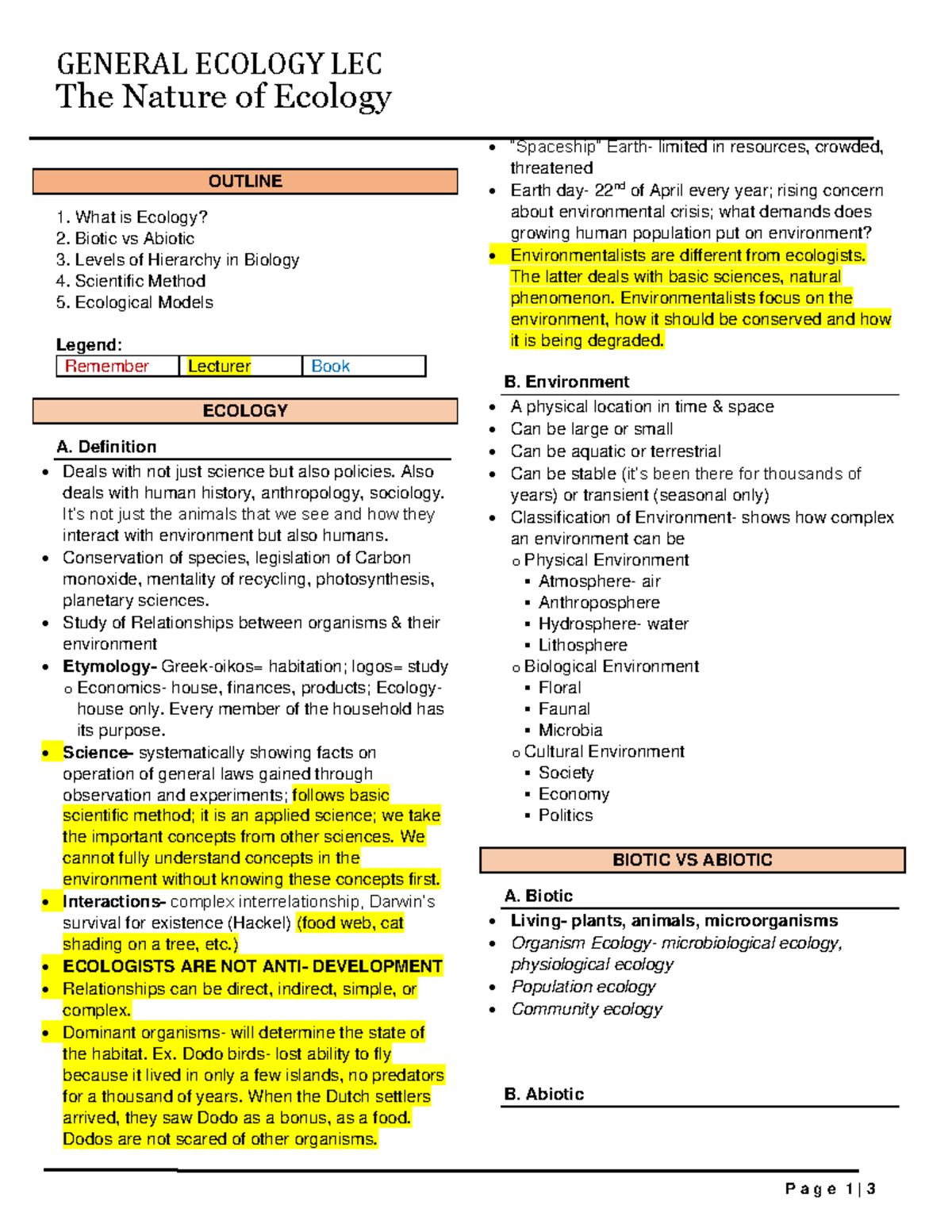 Bio426 Lecture 1 Nature Of Ecology Notes General Ecology Lec The