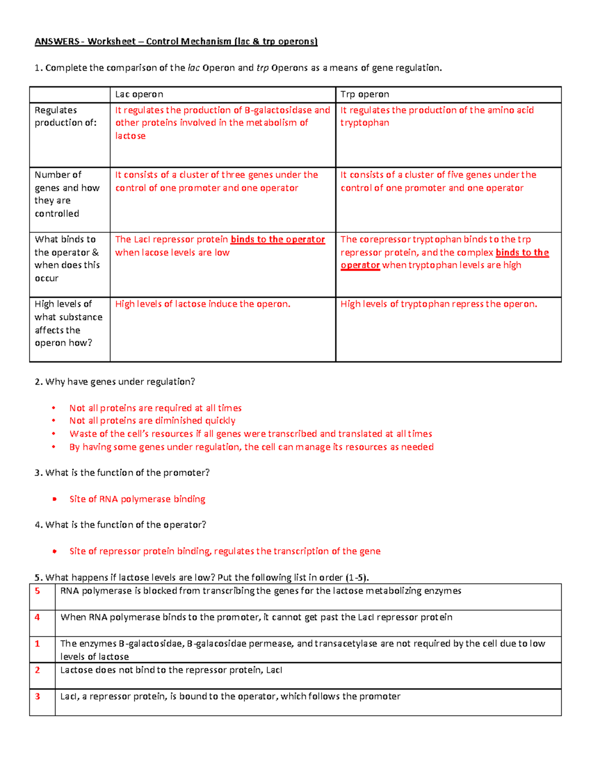 Key Gene Regulation Of Bacteria Operon Systems Answers Worksheet